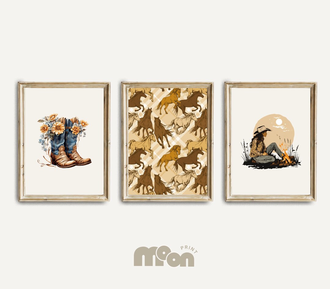 Western Wall Art Set | Cowboy Boots, Wild Horses, and Campfire ...