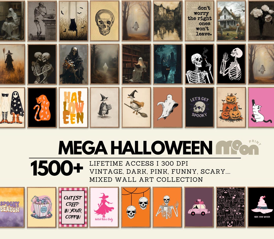 Pink Halloween Wall Art Bundle, Spooky Vintage Ghost Witch Prints ...