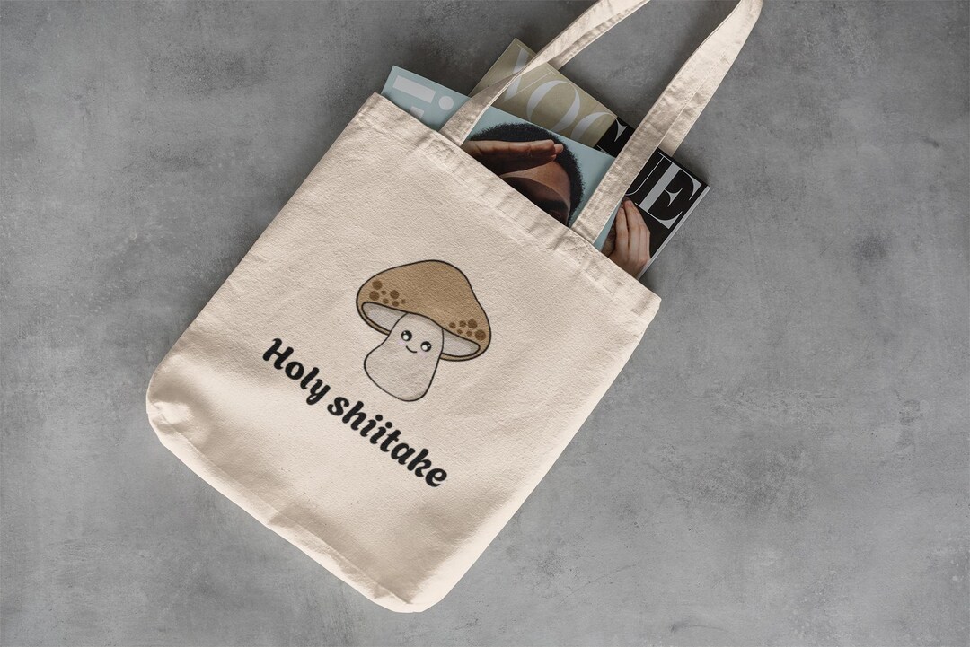 Holy Shiitake Canvas Tote Bag, Funny Grocery Tote, Mushroom Lover Gift ...