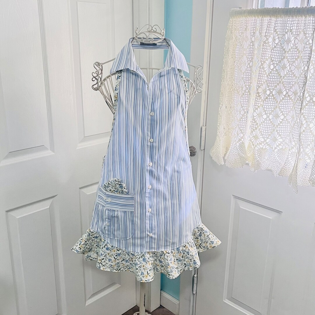 Upcycled Dress Shirt Apron, Blue and White Striped Shirt, Floral Fabric ...