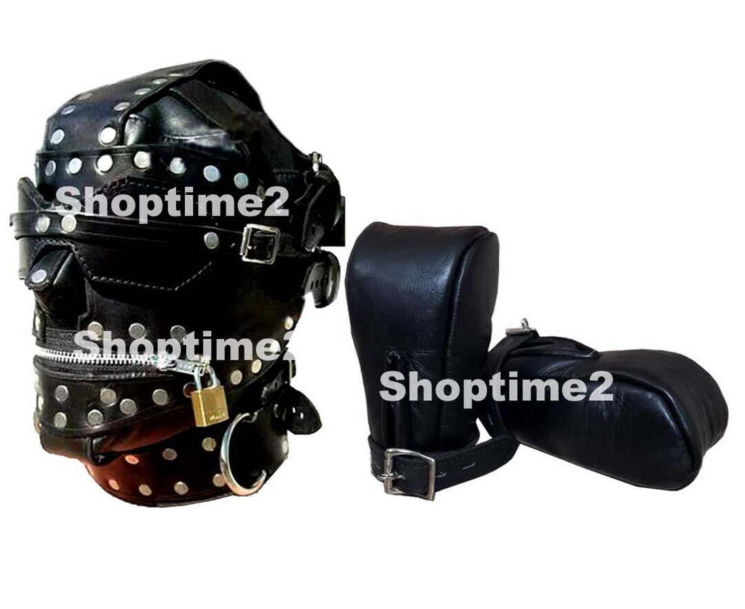 Real Leather Bondage Hood Gimp Mask With Blindfold & Locking Mouth Zip ...