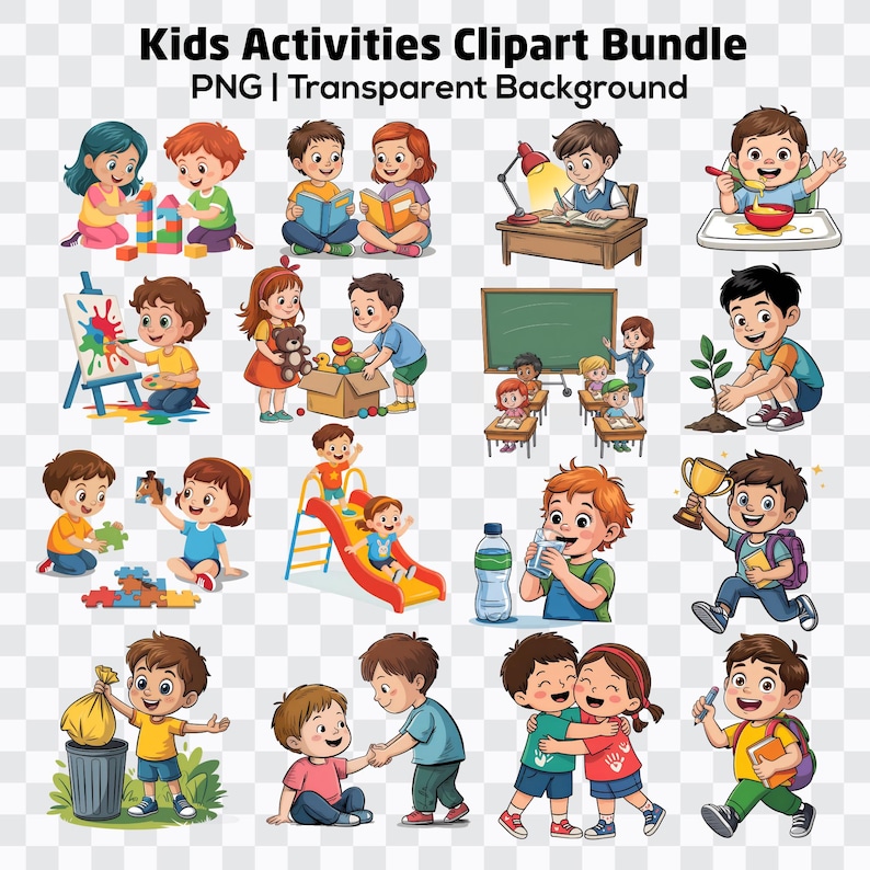 Kids Daily Activities Clipart Bundle: 16 Children Illustrations (PNG ...