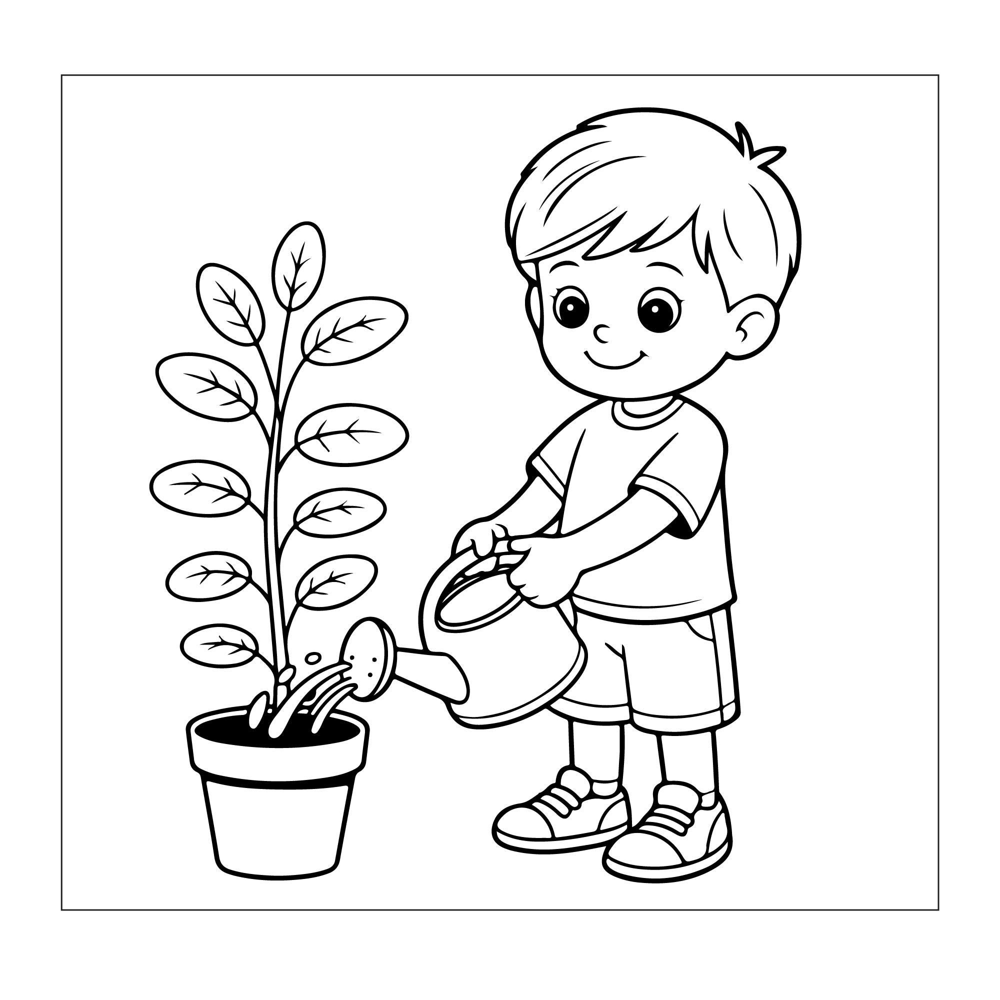 Kids Gardening Clipart: Boy With Plants Outline (JPG, PNG, PDF) - Etsy