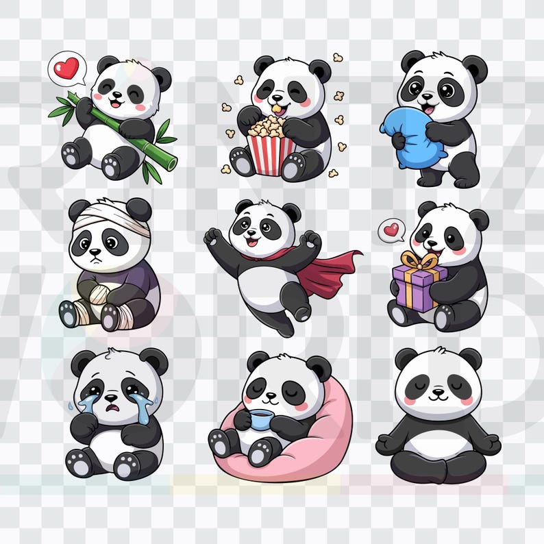 9 Cute Panda Clipart Set | Kawaii Cartoon Pandas | Png Svg Eps Pdf Ai ...