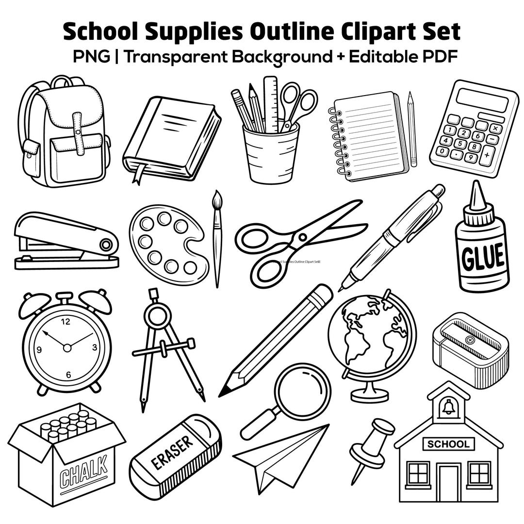 School Supplies Outline Clipart Bundle: Educational Line Art (PNG + PDF ...