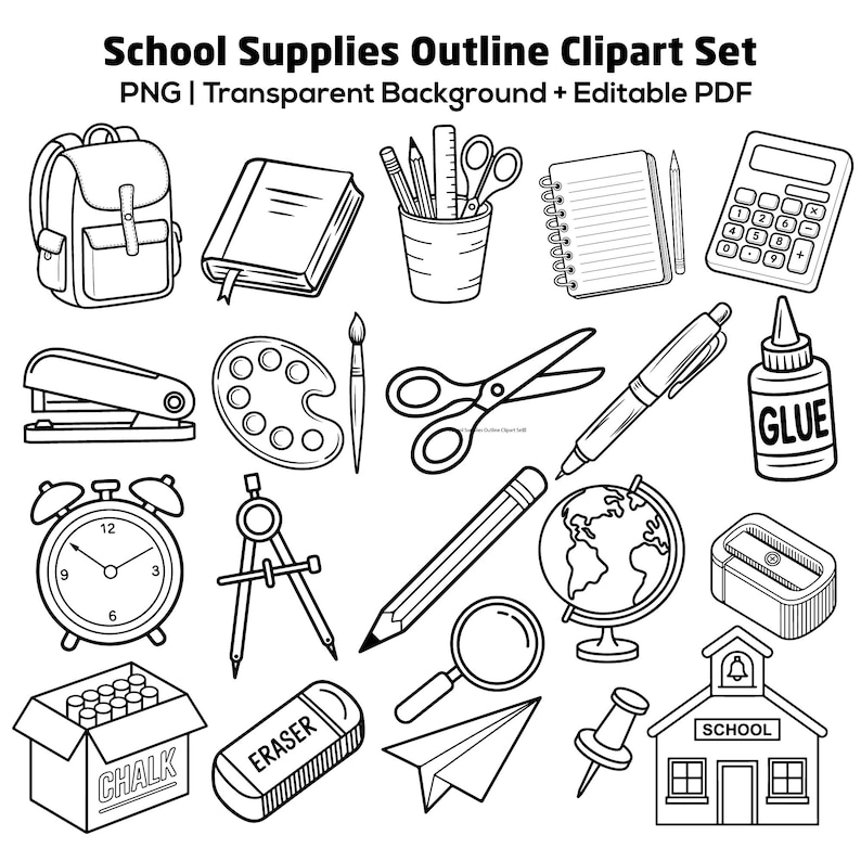School Supplies Outline Clipart Bundle: Educational Line Art (PNG + PDF ...