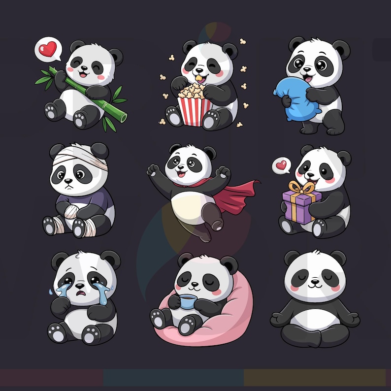 9 Cute Panda Clipart Set | Kawaii Cartoon Pandas | Png Svg Eps Pdf Ai ...