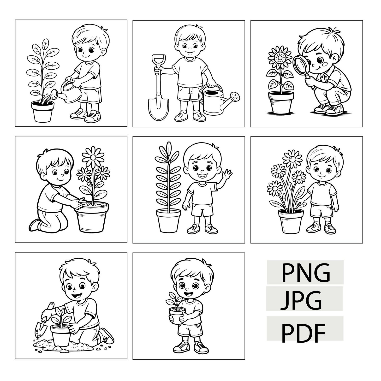 Kids Gardening Clipart: Boy With Plants Outline (JPG, PNG, PDF) - Etsy