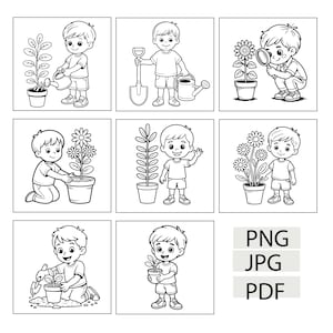 Kids Gardening Clipart: Boy With Plants Outline (JPG, PNG, PDF) - Etsy