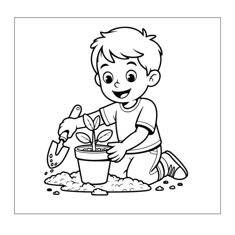 Kids Gardening Clipart: Boy With Plants Outline (JPG, PNG, PDF) - Etsy