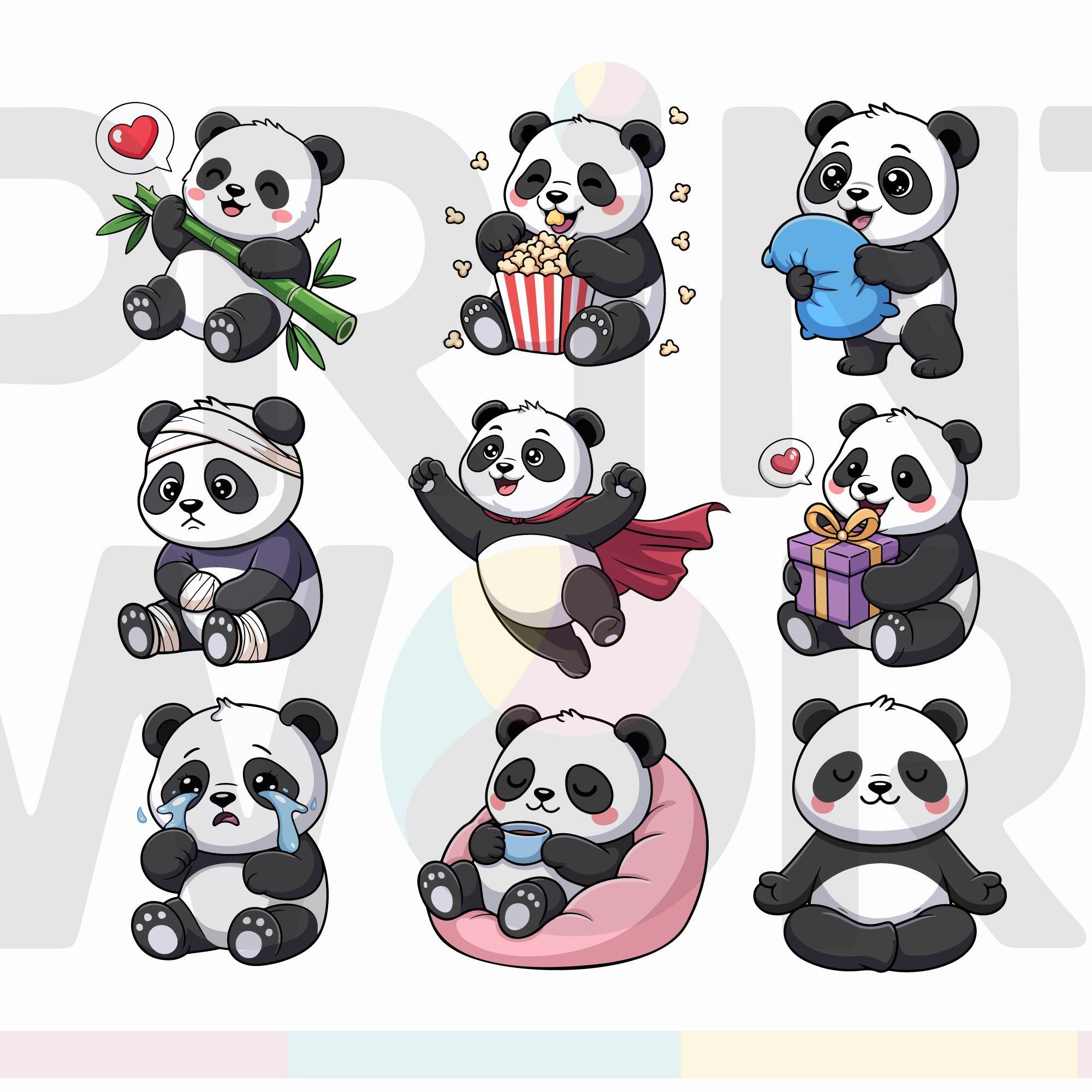 9 Cute Panda Clipart Set | Kawaii Cartoon Pandas | Png Svg Eps Pdf Ai ...