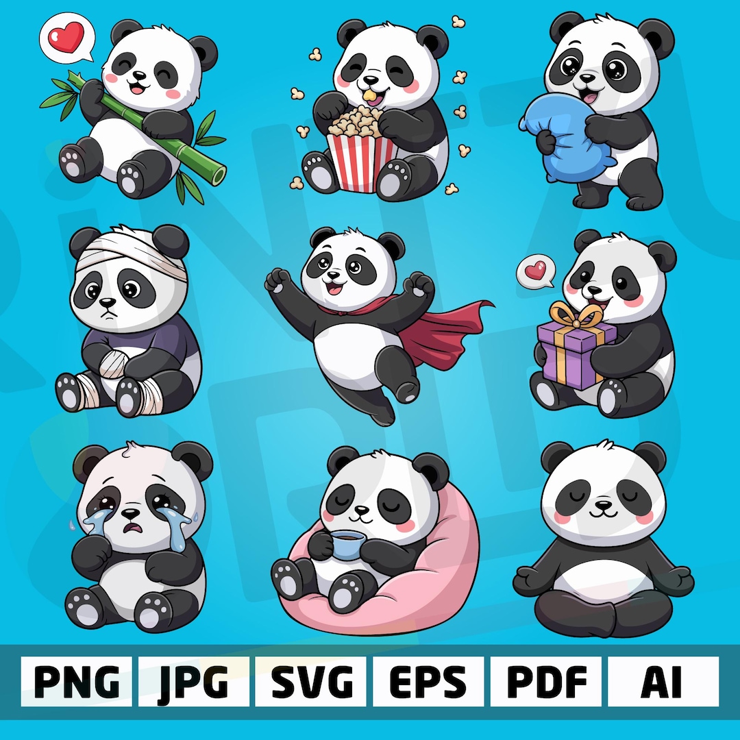 9 Cute Panda Clipart Set | Kawaii Cartoon Pandas | Png Svg Eps Pdf Ai ...