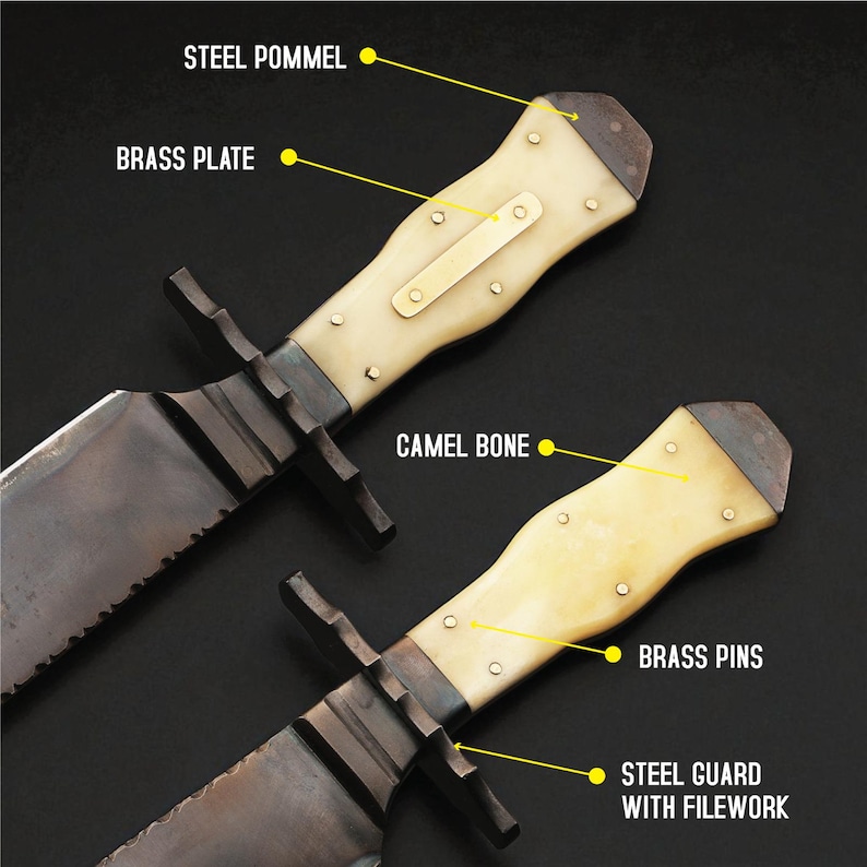 Hand Forged Carbon Steel Bowie Knife: Camel Bone Handle, Leather Sheath ...