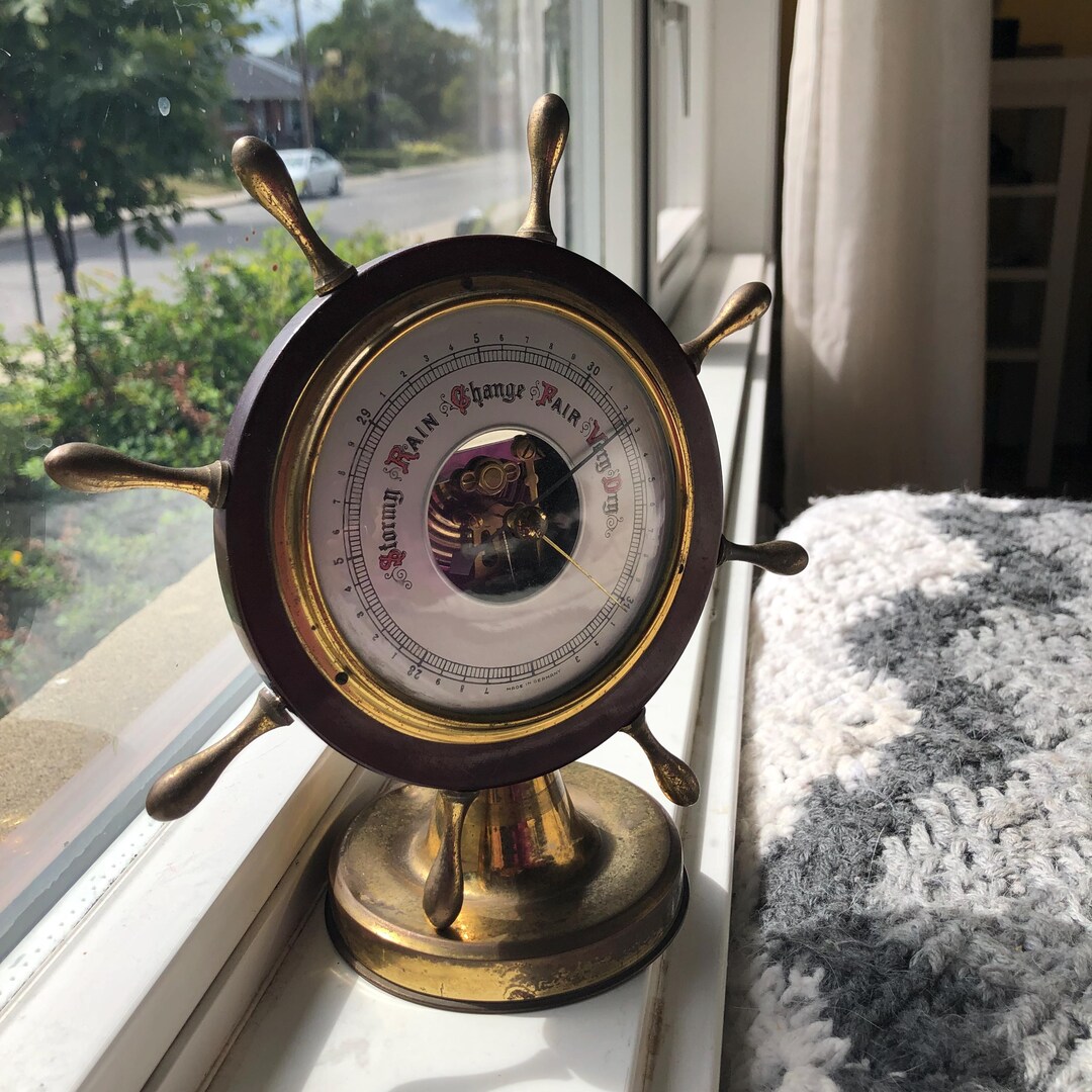 Vintage Ships Wheel Barometer Wood Glass Desktop Tabletop Nautical ...