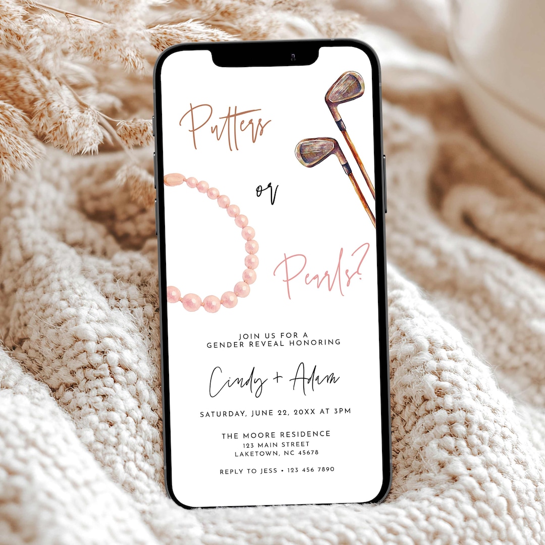 Putters or Pearls Gender Reveal Invitation for Phone, Digital Golf ...