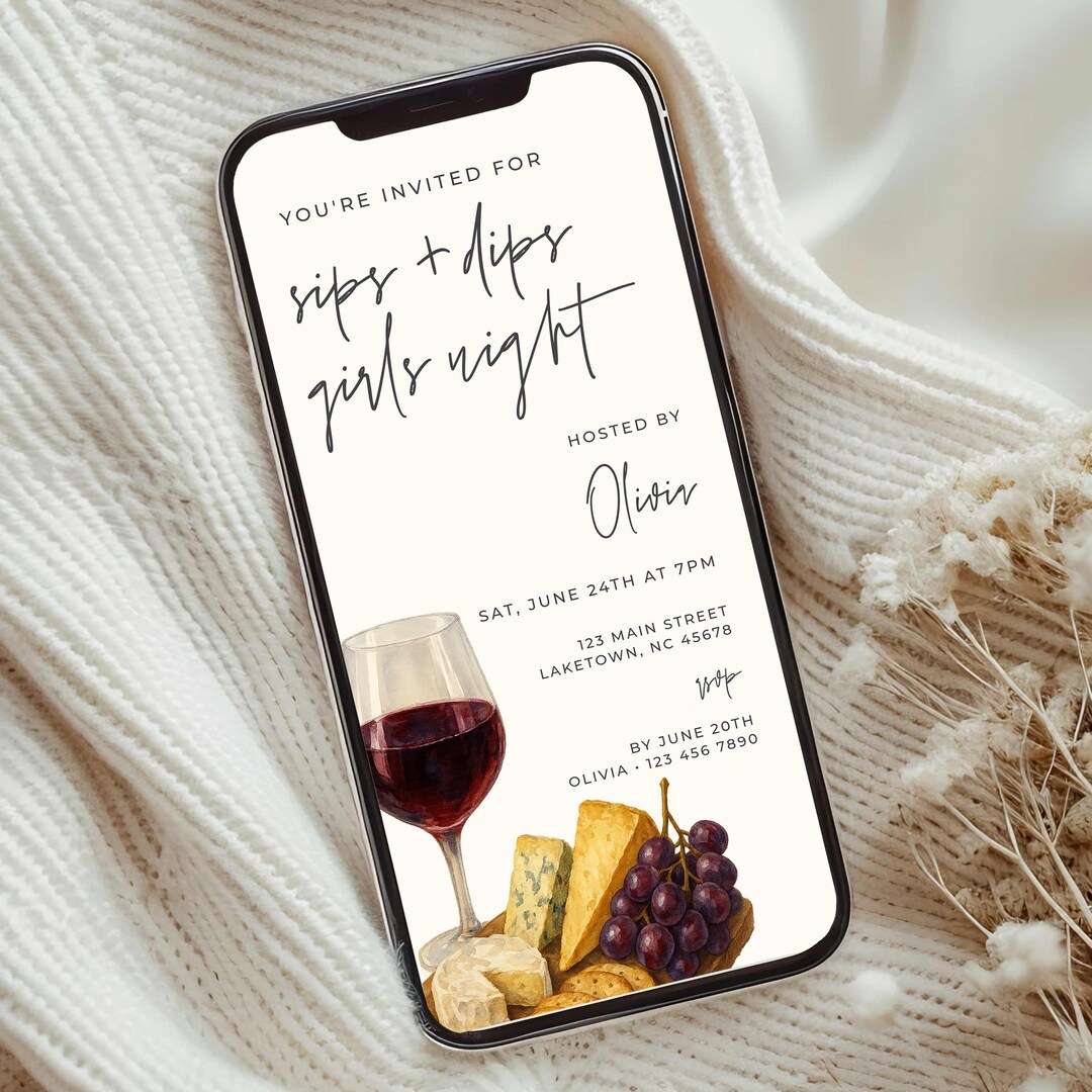 Sips and Dips Girls Night Invite for Phone, Wine and Cheese Charcuterie ...