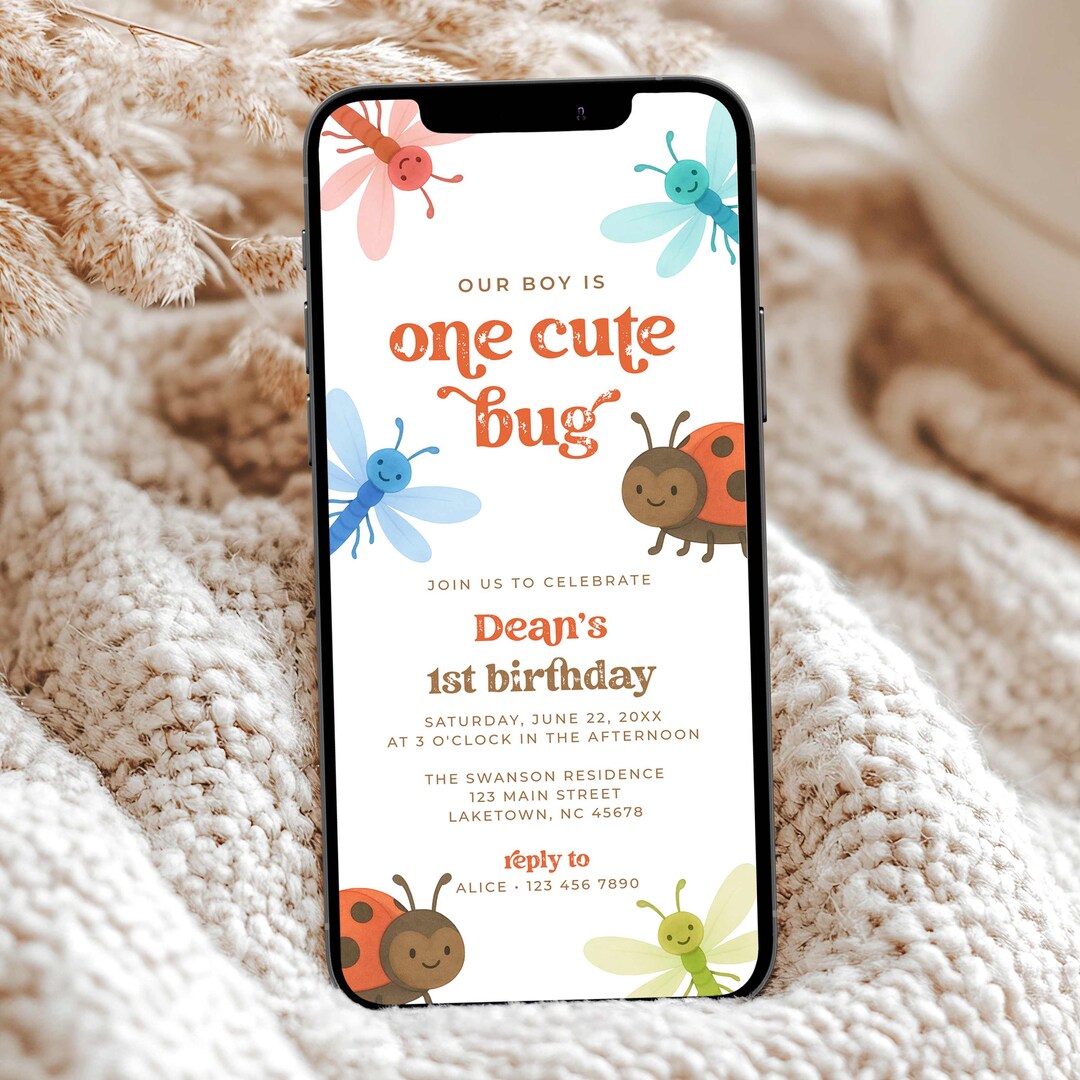 One Cute Bug 1st Birthday Party Invite for Phone, Spring or Summer ...