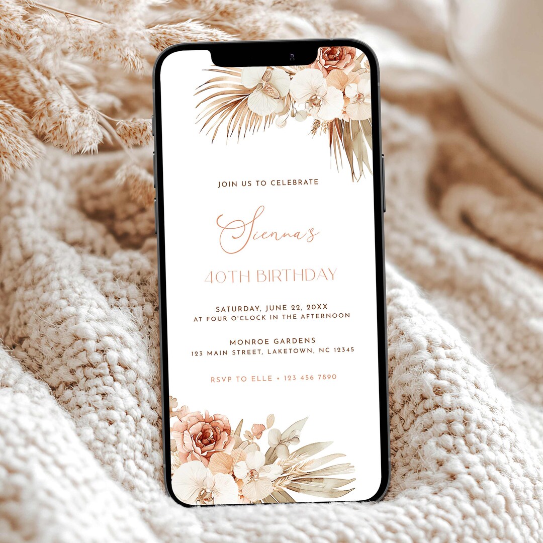 Boho 40th Birthday Invitation for Phone, Palm Leaf Orchid 40th Birthday ...