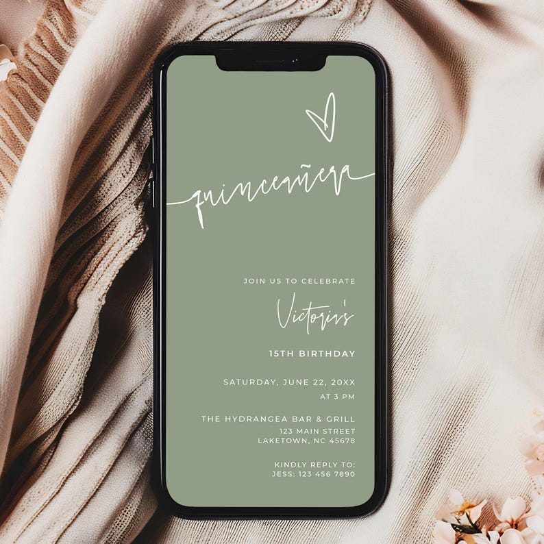 Sage Green Quinceañera Invitation Digital Template, Minimalist Quince ...