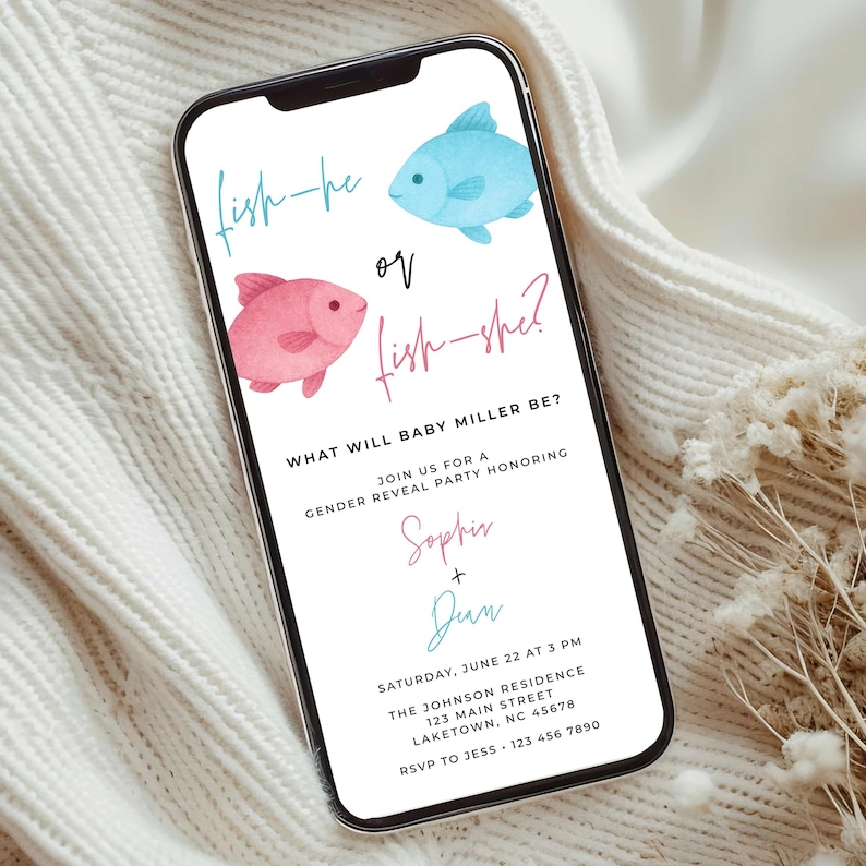 Digital Fish Gender Reveal Invitation, Fish-he or Fi-she Fishing Gender ...