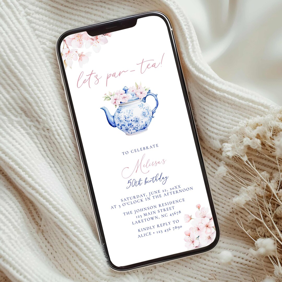 Afternoon Tea Party 50th Birthday Invitation Template, Blue Toile ...