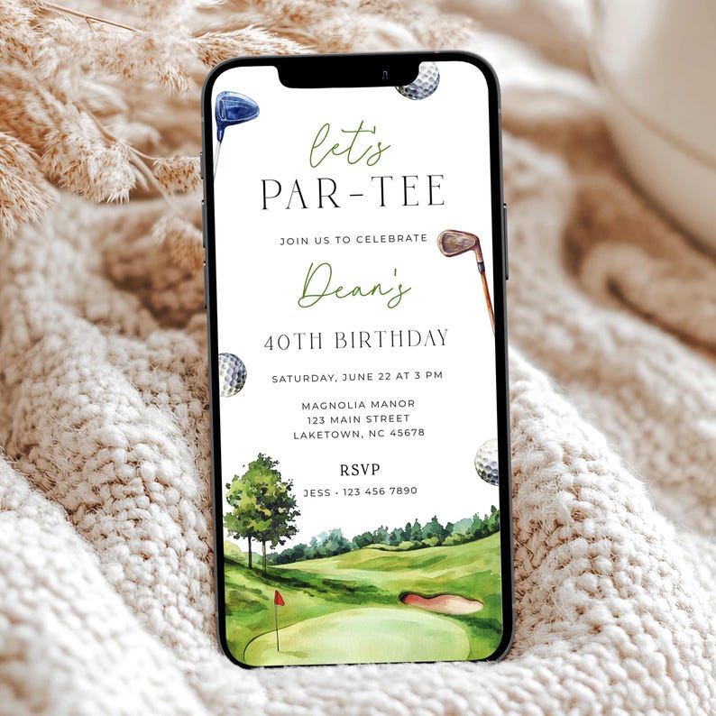 Golf 40th Birthday Invitation for Phone, Golfing Let's Par-tee 40th ...