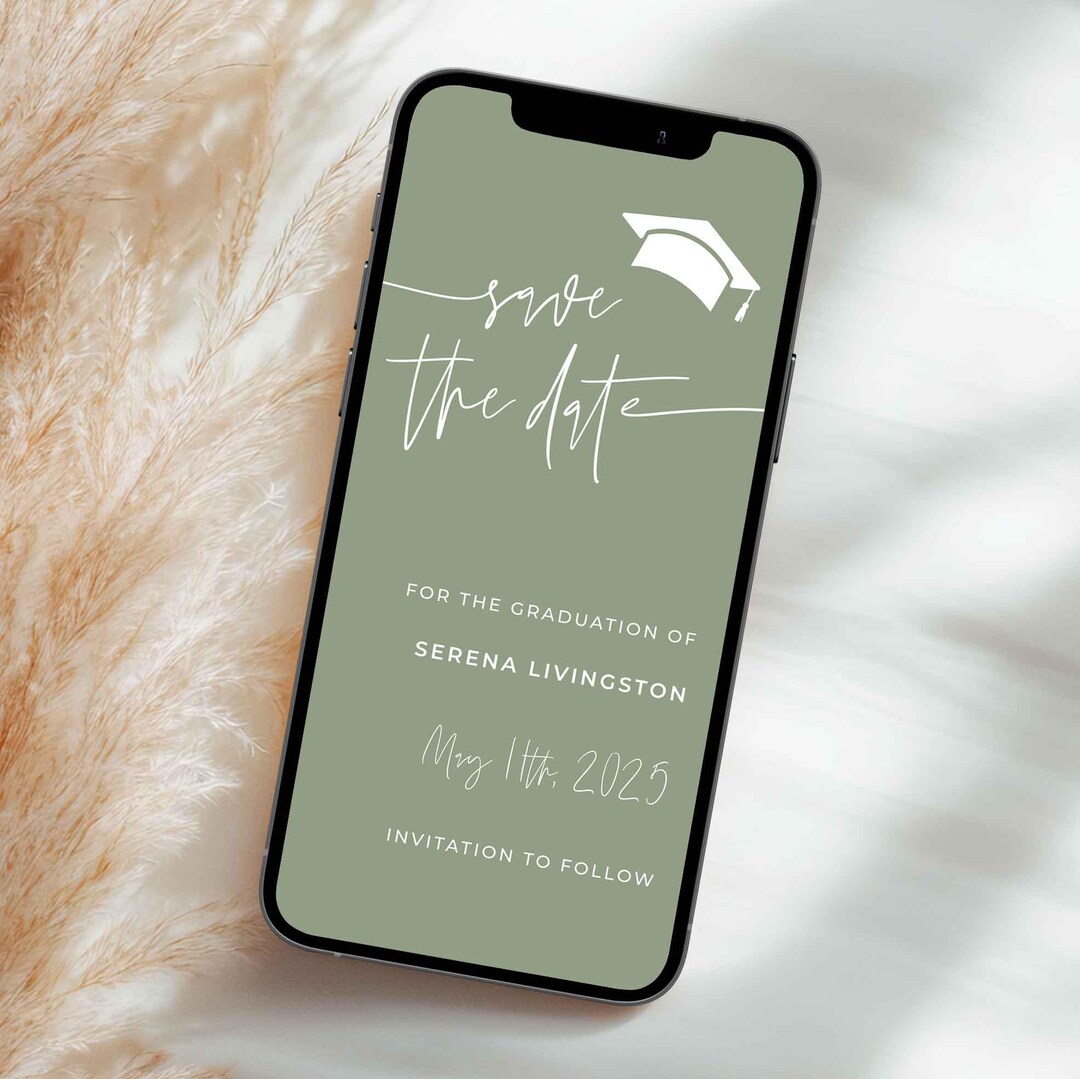 Save the Date Graduation Green, Digital Sage Green Graduation ...