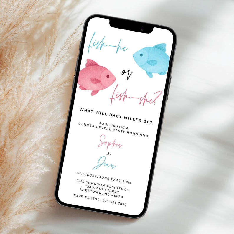 Digital Fish Gender Reveal Invitation, Fish-he or Fi-she Fishing Gender ...