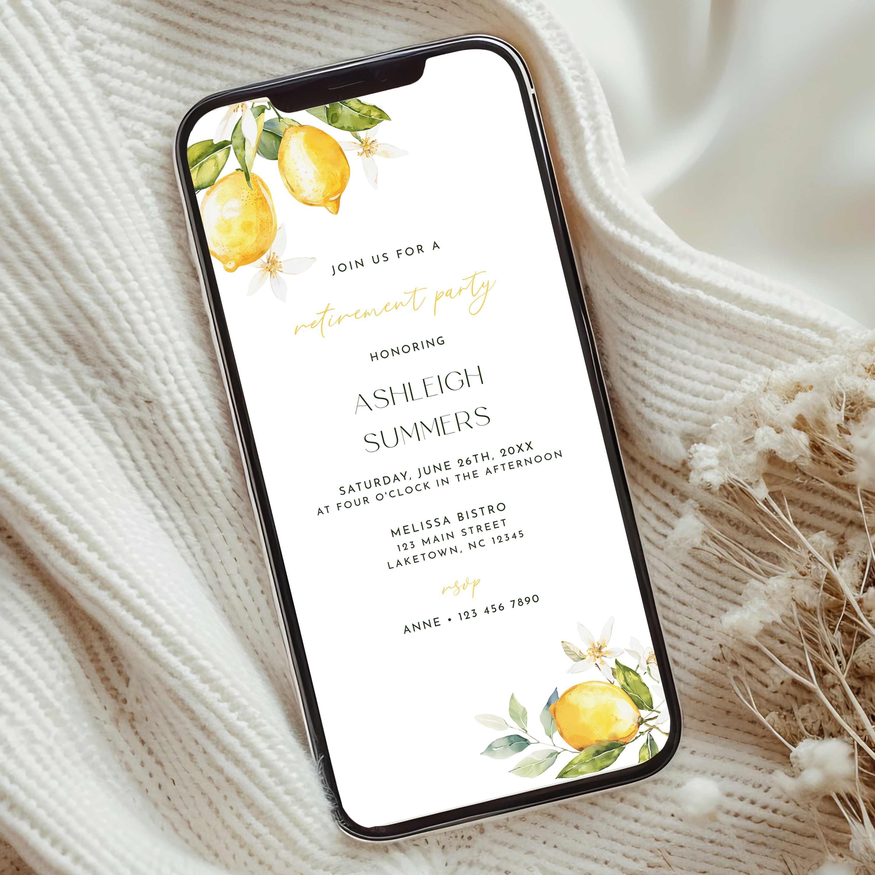 Digital Retirement Party Invitation, Lemon Retirement Dinner Evite ...