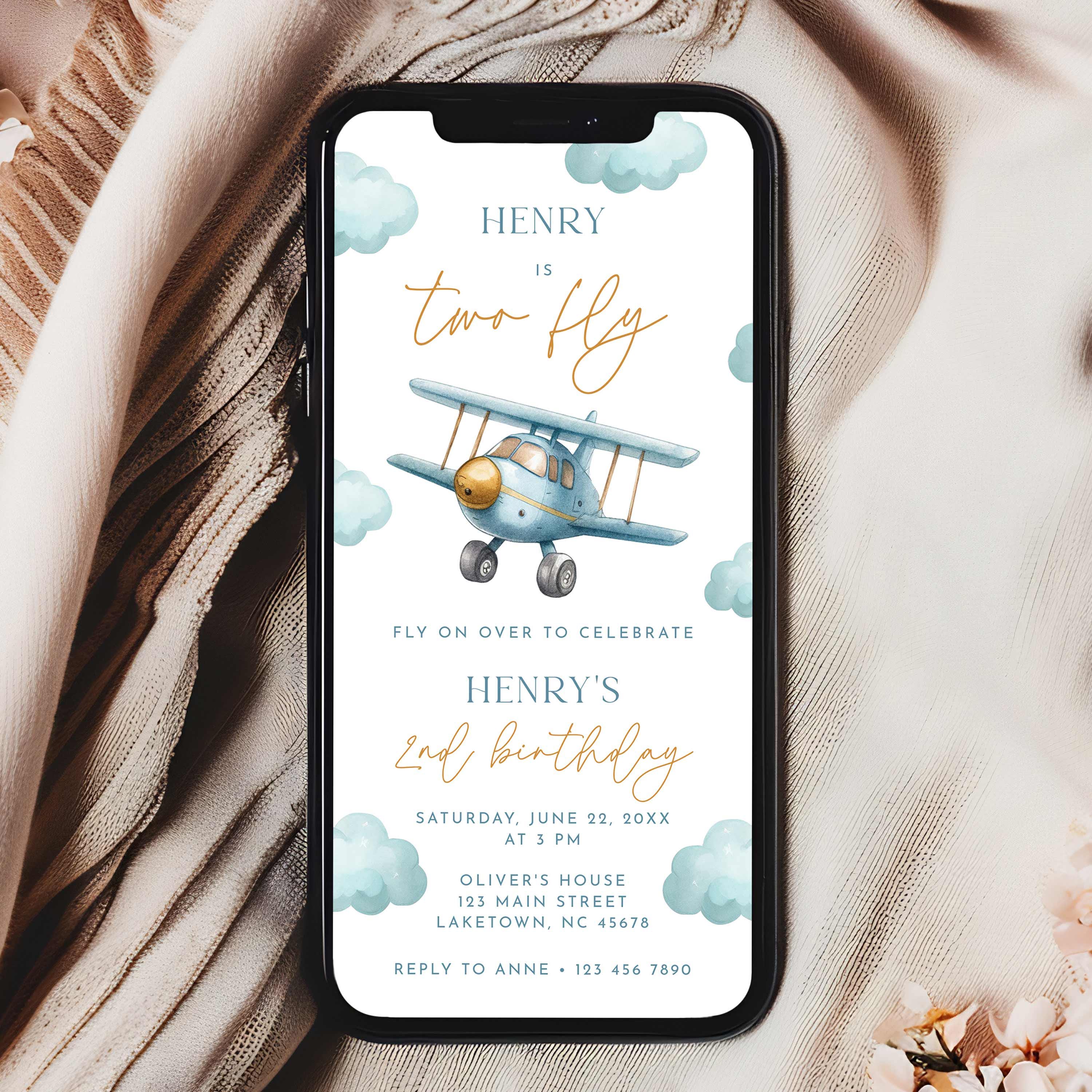 Editable Airplane Birthday Invitation, Airplane Two Fly Birthday ...