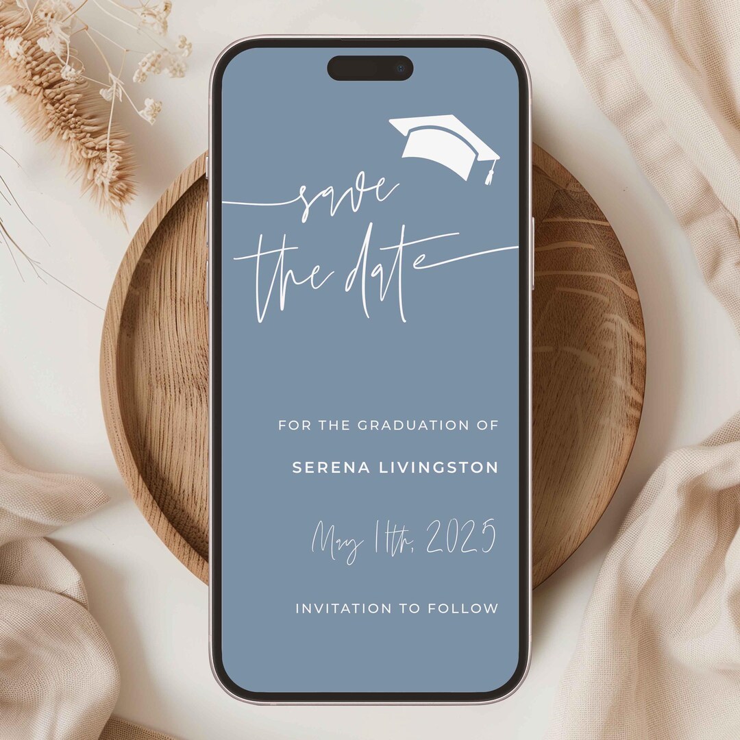 Dusty Blue Graduation Save the Date, Editable Minimalist Grad ...
