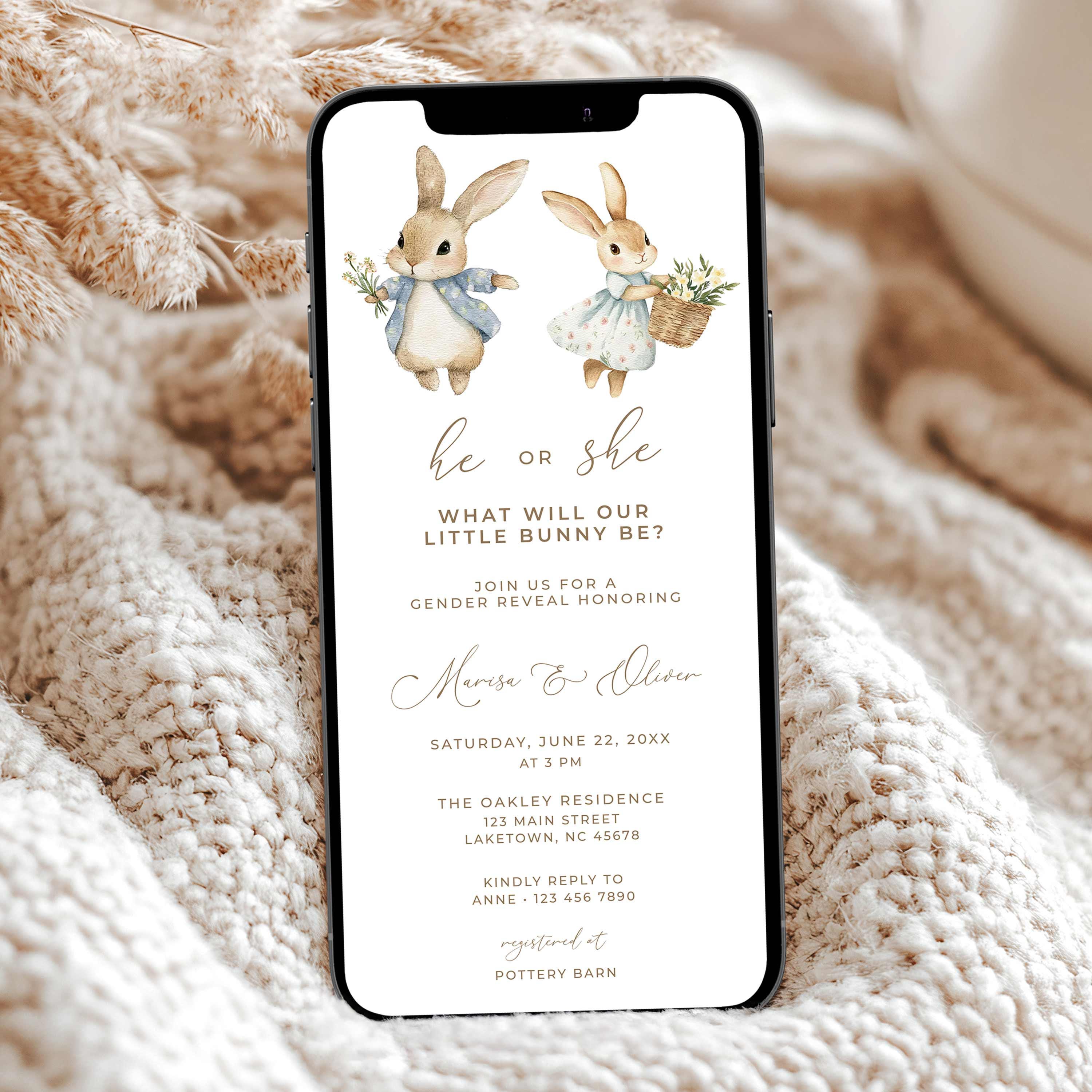 Bunny Gender Reveal Invitation Electronic, Easter Rabbit Digital ...