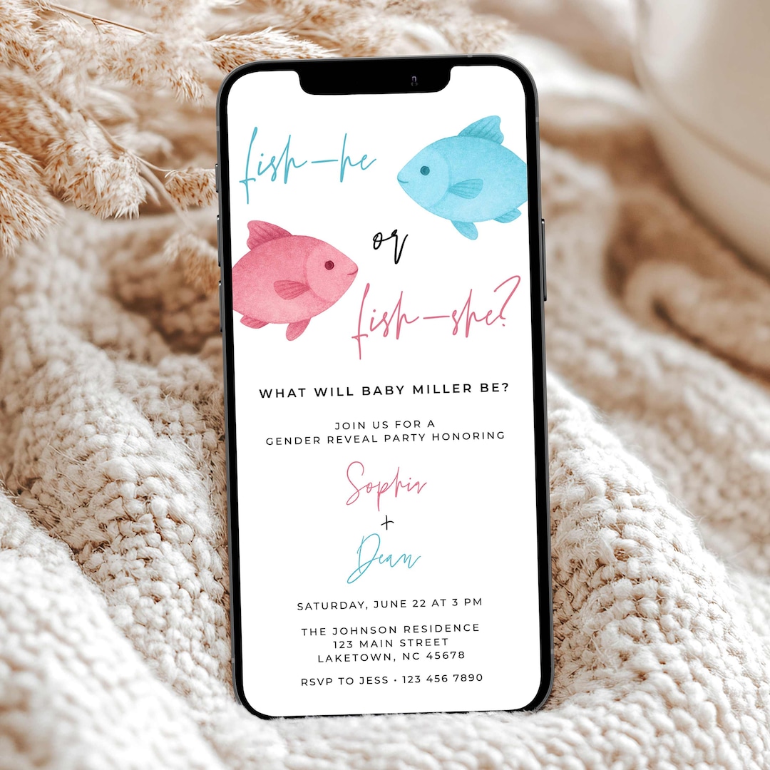 Digital Fish Gender Reveal Invitation, Fish-he or Fi-she Fishing Gender ...