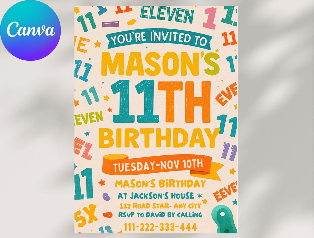 11 Birthday Invitation, Boy Birthday Invites, 11th Birthday, Instant ...