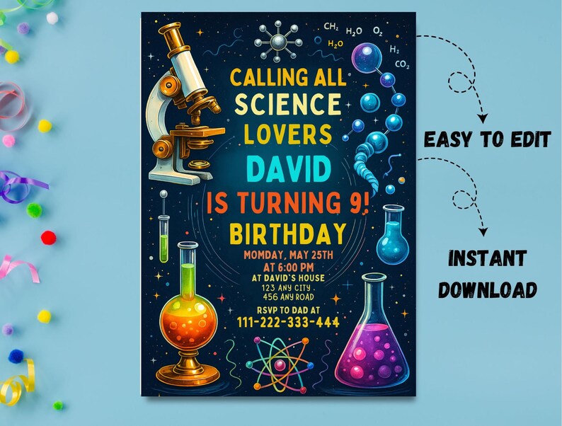 Chemistry Birthday Invitation: Mad Science Party, STEM Theme (digital ...