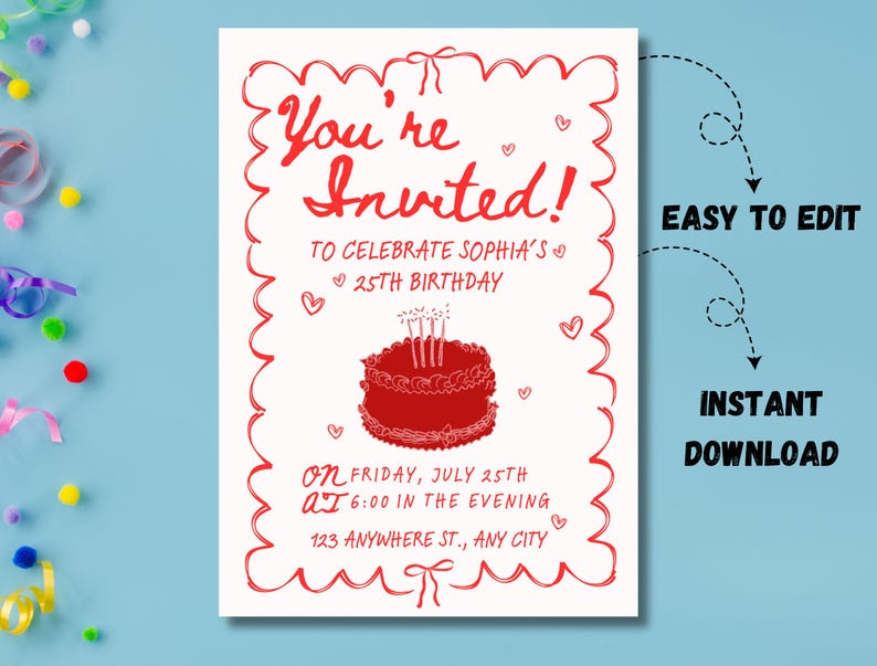 Editable Birthday Party Invitation, Hand Drawn Scribble Cocktail ...