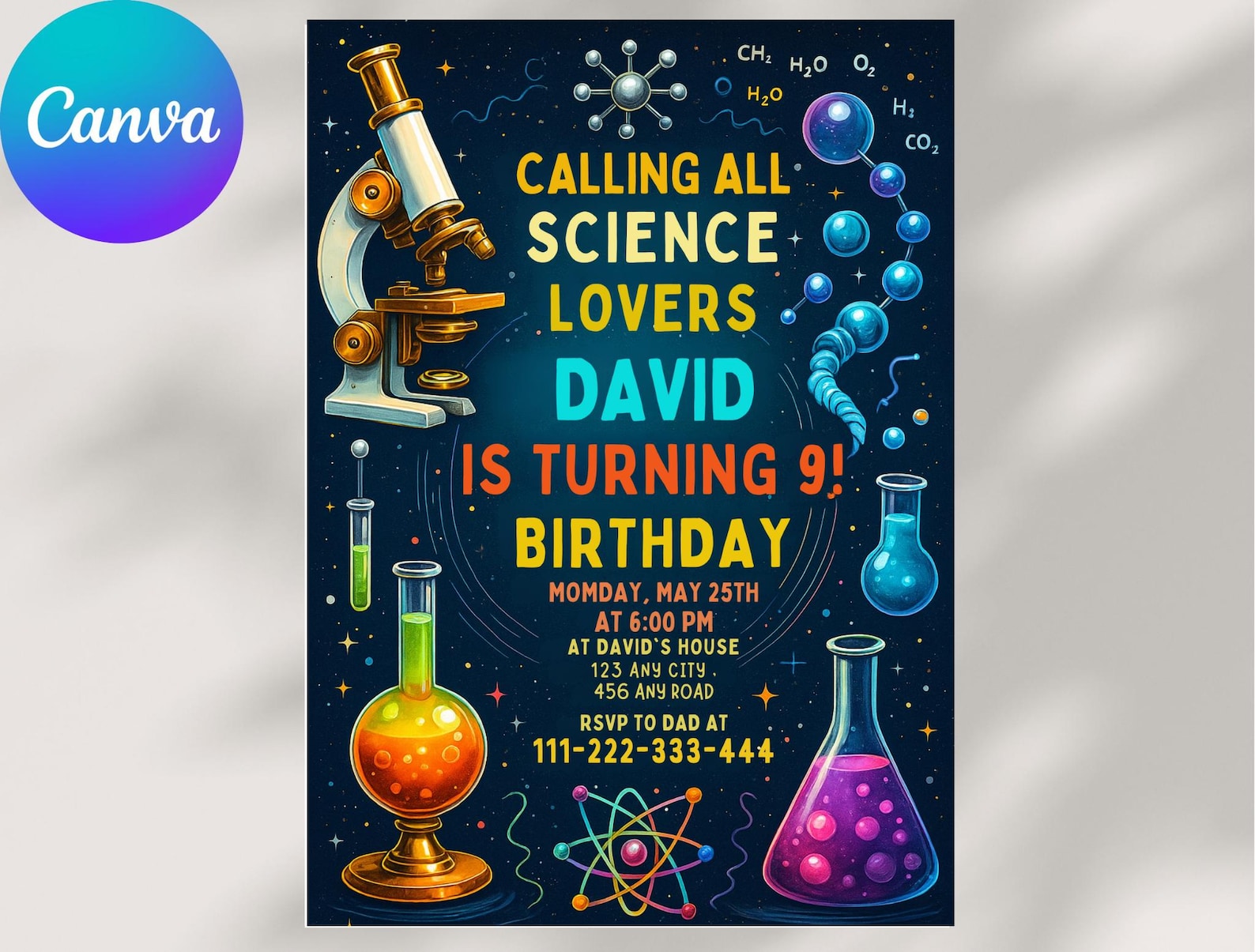 Chemistry Birthday Invitation: Mad Science Party, STEM Theme (digital ...