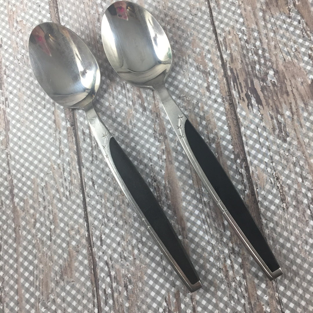 2 Atomic Flatware SPOONS Mar-crest 5 Star Faux Ebony Elegance Stainless ...