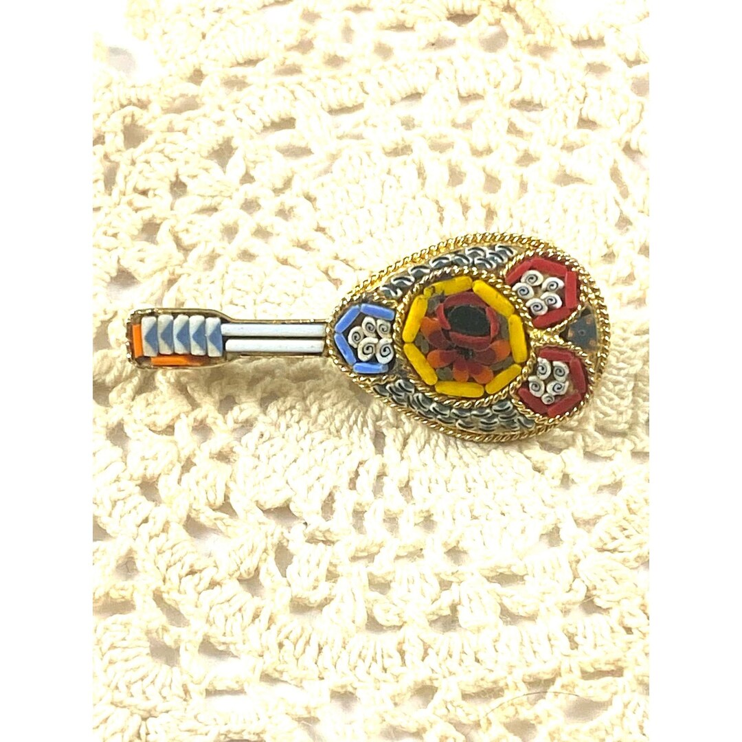 Vintage Micromosaic Lute Ukelele Brooch Pin Shell Glass Gold Tone Metal ...