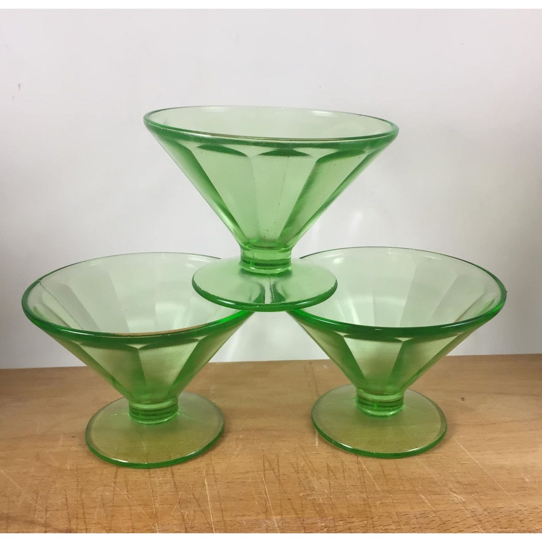 3 Paneled Federal Glass Dessert Dishes Glowy Green Uranium Low Sherbet ...