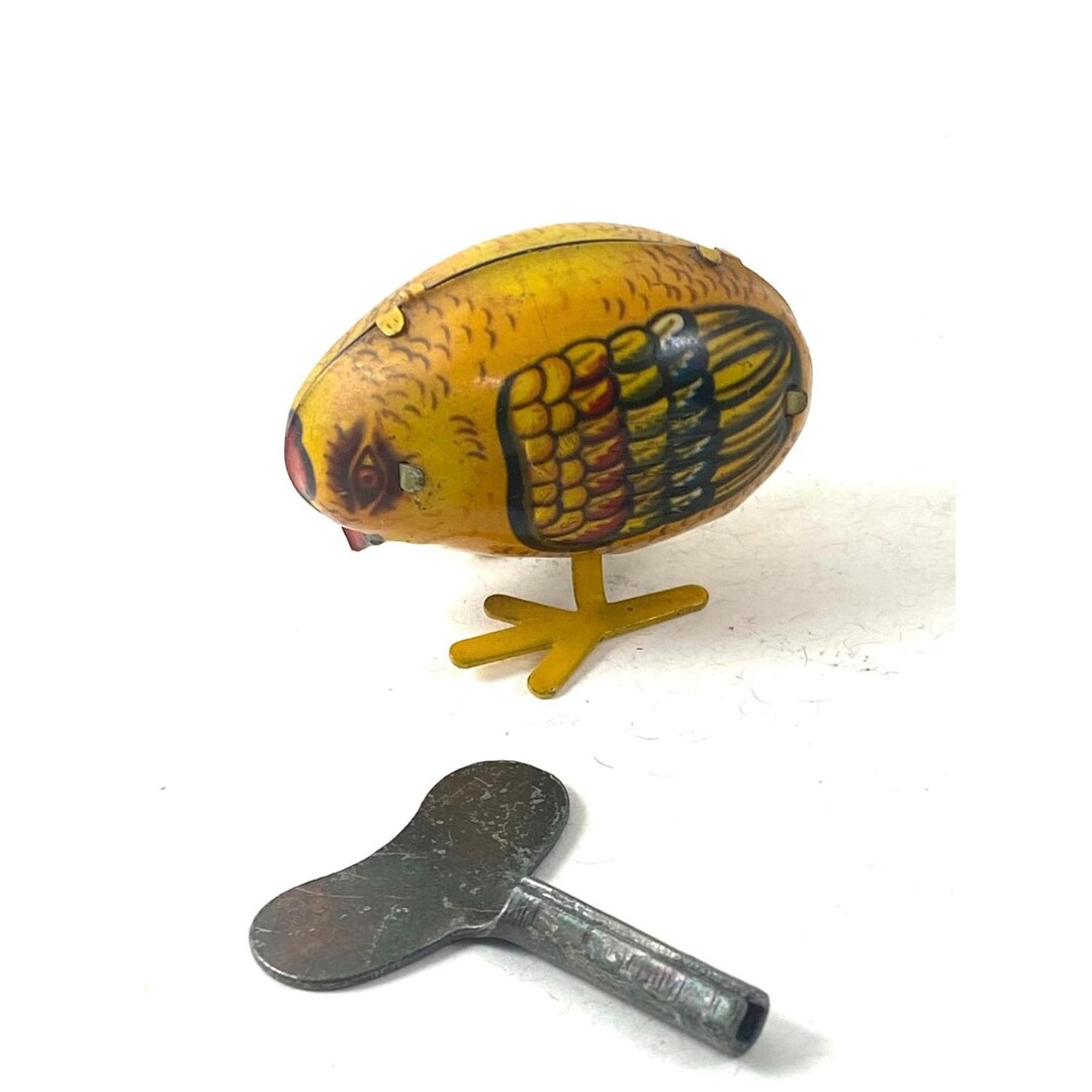 Vintage Tin Wind Pecking Chick Bird Toy With Key Brightly Colored ...