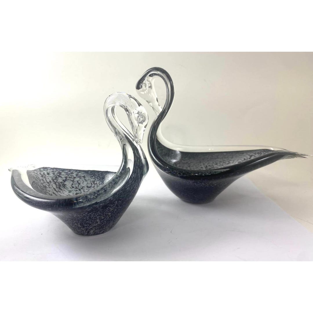 Handcrafted Cased Glass Swan Figurines Set of 2 Black White Hand Blown ...