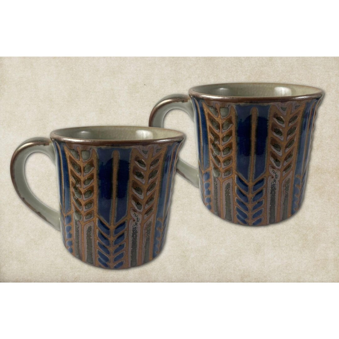 Vintage Set of 2 Handmade Blue & Brown Ceramic Mugs With Textured Wheat ...
