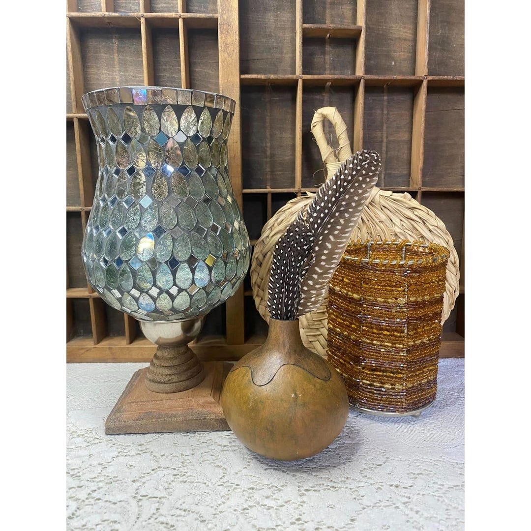 BOHO Glam Vignette Mosaic Glass Hurricane Beaded Pencil Holder Carved ...