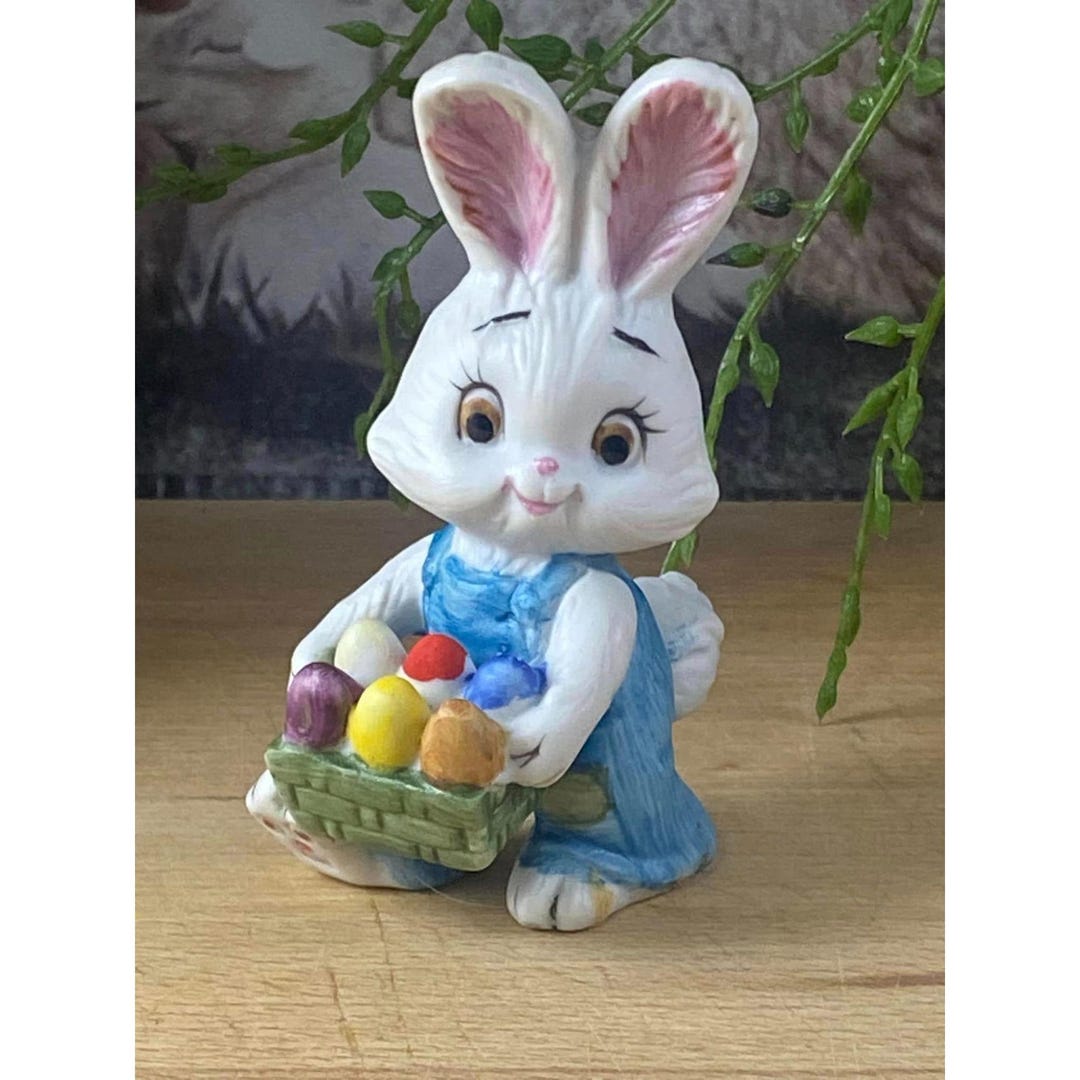 Vintage Ceramic Bunny Figurine With Basket of Colorful Eggs in Overalls ...