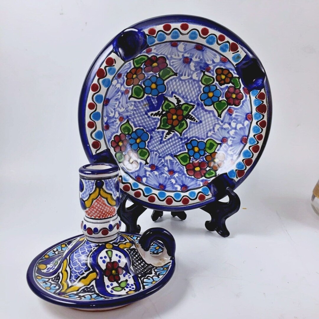 2 Talavera Pottery Puebla Mexico Ashtray Candleholder Signed HZ - Etsy