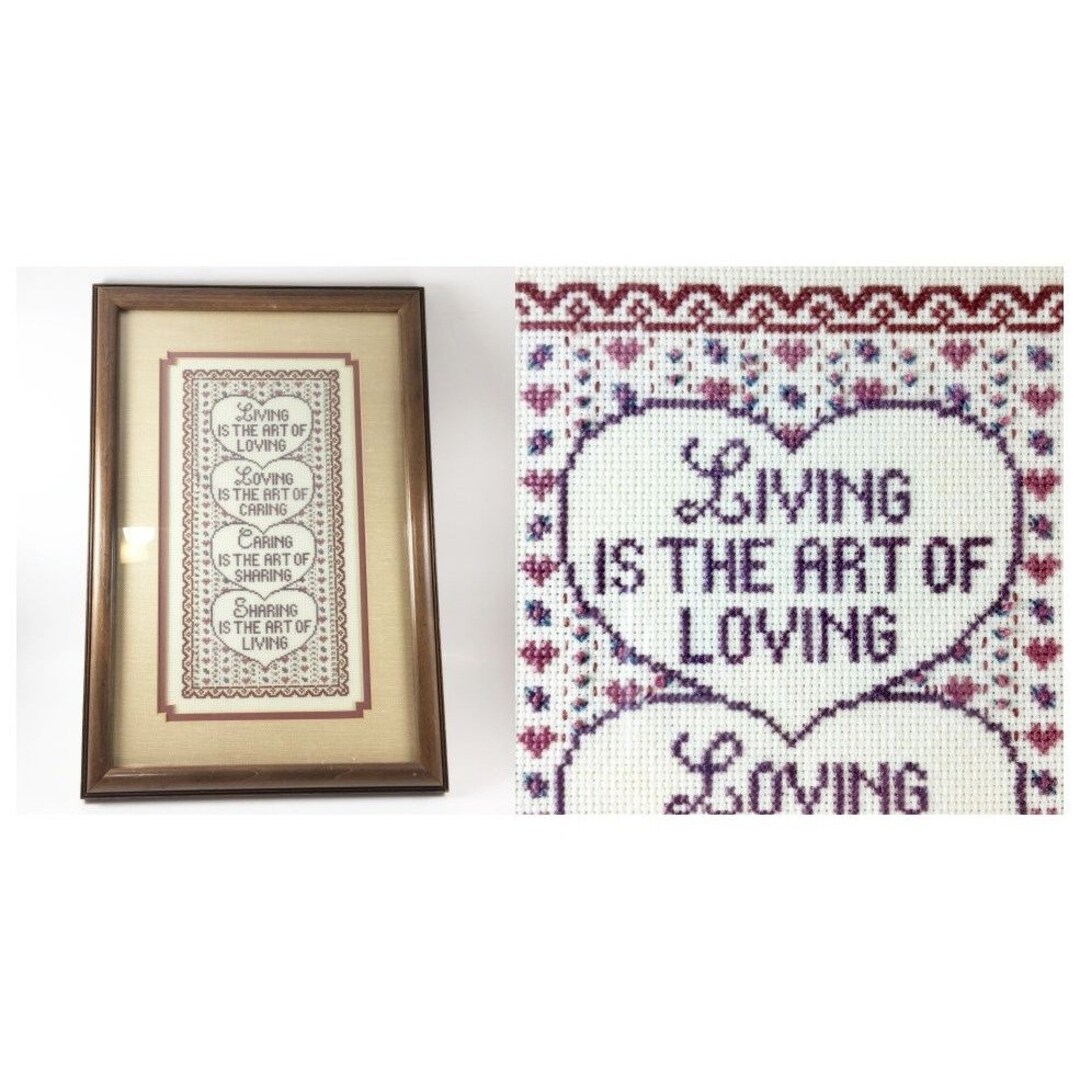 Completed Cross Stitch Living Loving Caring Sharing Brown Tan Framed Vintage - Etsy