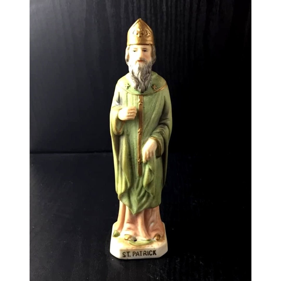 Small Vintage St Patrick Figurine Green Robe Gold Accents Bisque ...