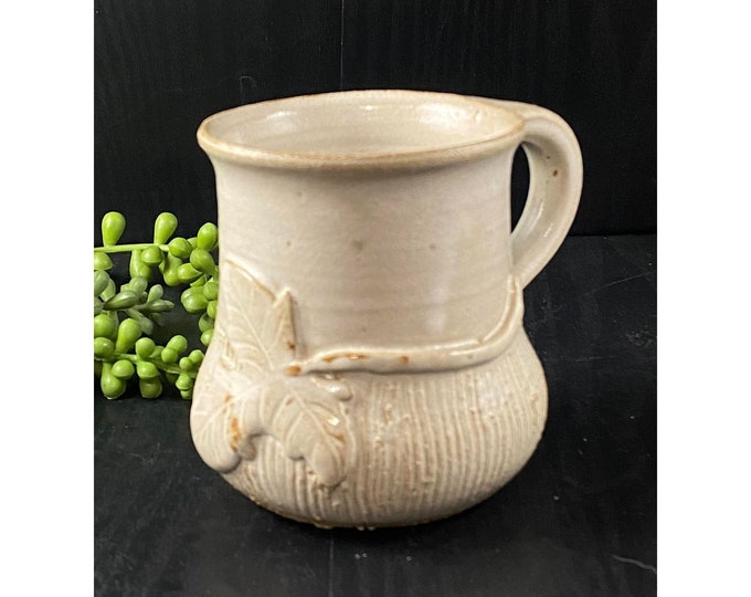 Studio Pottery Clay Mug JT Applied Leaf and Vine Design Cream Ribbed - Etsy