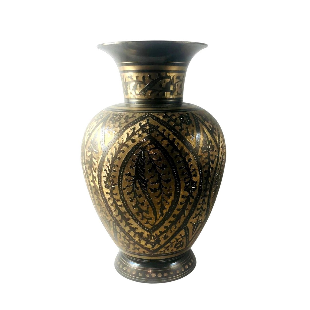 Enameled Black Gold Brass Vase Elaborately Etched India 11 Inches ...